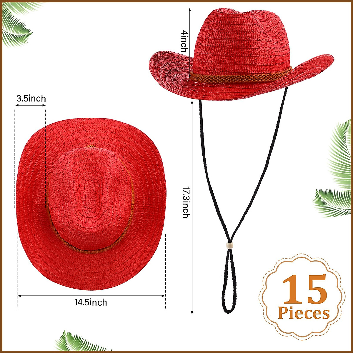 Suhine 15 Pcs Straw Cowboy Hat for Men Women Colorful Western Party Hat Bulks Sun Protection Hat Wide Brim Cowgirl Hat for Summer Beach Adventure Fishing Camping Garden Yard, 15 Colors