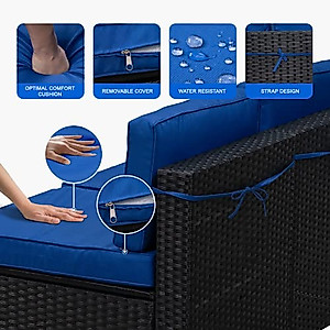 SUNVIVI OUTDOOR 7 Piece Patio Furniture Set, All-Weather Black Wicker Couch Sofa with Glass Coffee Table, Washable Navy Blue Cushions