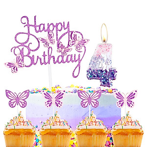 iNINGER Birthday Candles,Number 4 Candle,Butterfly 4th Birthday Decorations for Women/Girl,Cupcake Candle for Party,Purple Handmade Sequin Numeral Candle Wedding Cake Topper Anniversary Party Decor