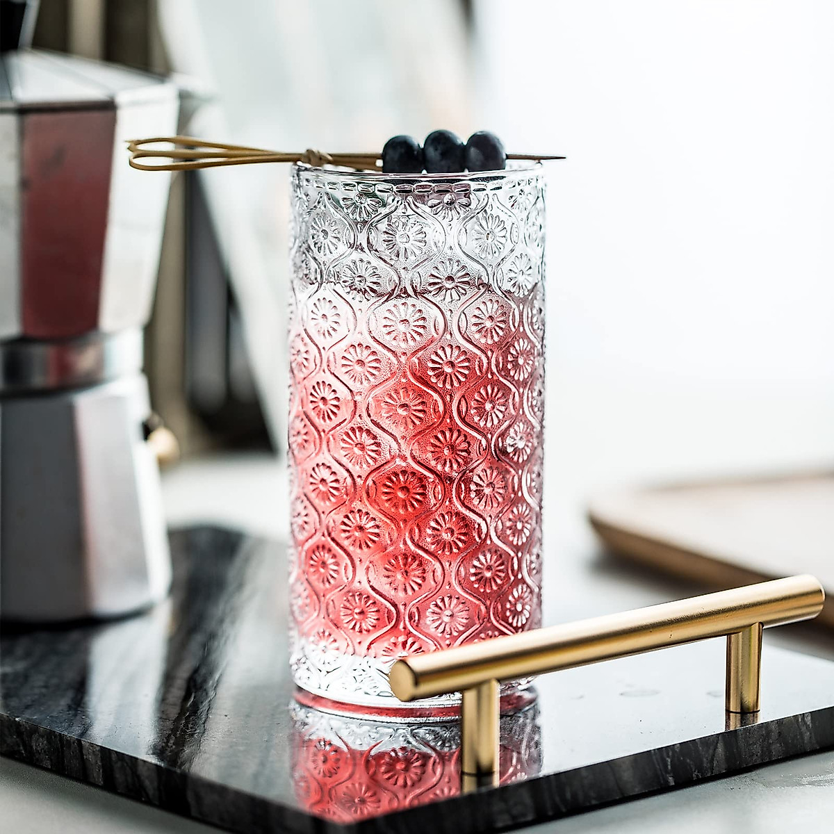 SoulTimes Glass Cups Vintage Glassware Set of 4, Drinking Glasses 12.5oz, Embossed Pattern Style Transparent Cocktail Glasses Set, for Ice Coffee,Juice,Beer,Bar Beverages,Drinkware, Transparent (L)