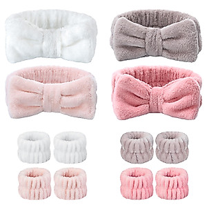 VITEVER 4 Pack Spa Headband for Washing Face with 8 Wristbands, Girl Hair Band, Microfiber Women Headbands, Headband and wrist bands to Skincare, Cosmetic, Shower-White, Brown, Rose Pink, Light Pink