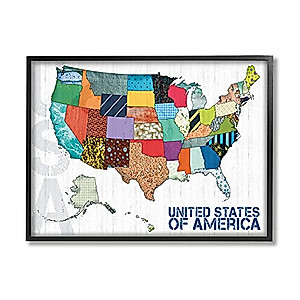 Stupell Industries United States of America Map Quilted Pattern Borders, Designed by Lauren Gibbons Black Framed Wall Art, 24 x 30, Multi-Color