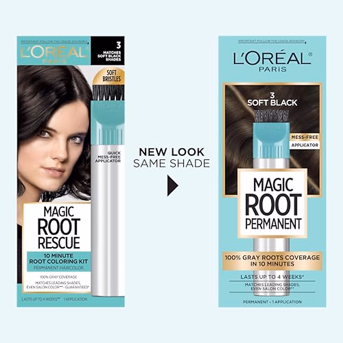L'Oreal Paris Magic Root Rescue 10 Minute Root Hair Coloring Kit, Permanent Hair Color with Quick Precision Applicator, 100 percent Gray Coverage, 3 Soft Black, 2 count