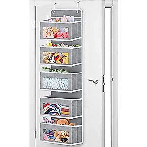 TASIXUN Over Door Hanging Organizer, 5-Shelf Wall Mount Foldable Storage for Bedroom or Kitchen, Clear Window Large Pockets for Storage Cosmetics, Stationery, Sundries (Grey, 5 Layers)