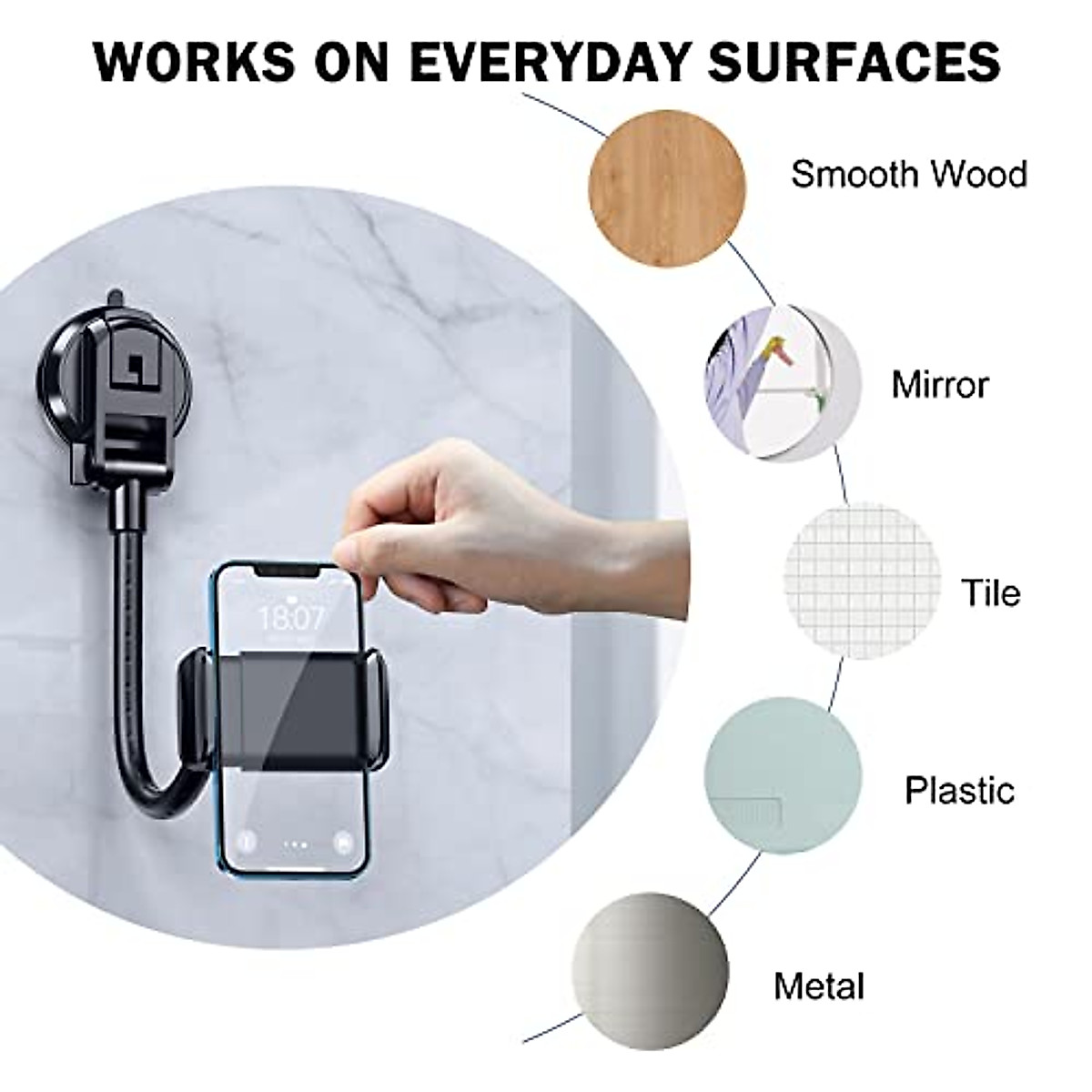 Wall Phone Holder,xuenair Mirror Phone Holder Mount Stand,Reusable Suction Cup Phone Holder for Bathroom Wall Kitchen Car Compatible with All Phones for Tiktok YouTube Make Up