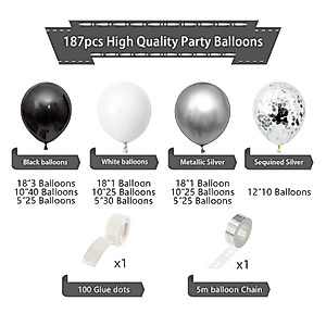 Holtour Black Metallic Silver White Balloon Garland Arch Kit 187PCS Balloons for Wedding Birthday Party Backdrop Decorations Halloween New Year Celebrate Decor
