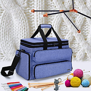YARWO Knitting Yarn Bag, Portable Crochet Storage Tote with Double Top Cover and Yarn Holes for Knitting Needles(Up to 14”), Unfinished Projects and Skeins of Yarn, Gray
