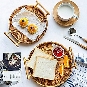 WOSHI 11.02in Rattan Storage Tray Round Basket Wicker Basket Storage Tray with Handle 3 Size Fruit Food Round Basket Display Hand-Woven Rattan Tray (L)