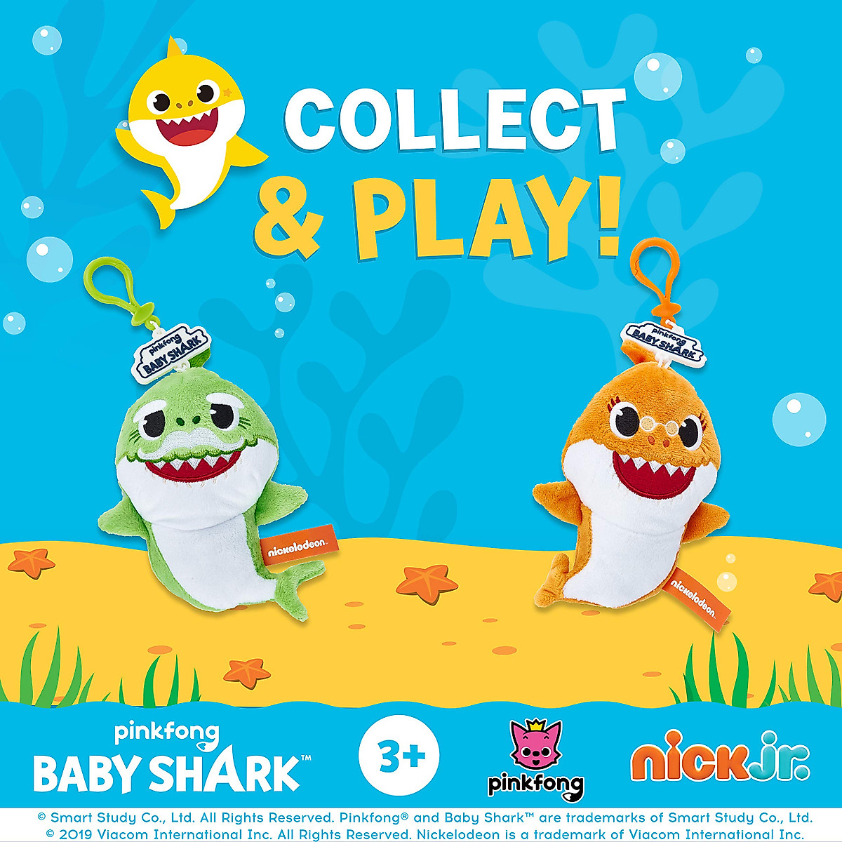 Baby Shark Coin Purse Set – Set of 3 Baby Shark Plush Toys, Including Baby, Grandma, & Grandpa Shark – Washable Polyester with Zipper – Party Favors and Gifts by PMI, 6.2 in., 3 Pack, Ages 2+