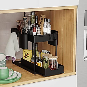 HEVOL Under Sink Organizers and Storage,2 Tier Bathroom Sink Organizer Sliding Drawer with 4 Hooks & 2 Hanging Cups,Multi-purpose Storage Shelf for Kitchen Bathroom Organizer - Send 1 Cleaning Cloth