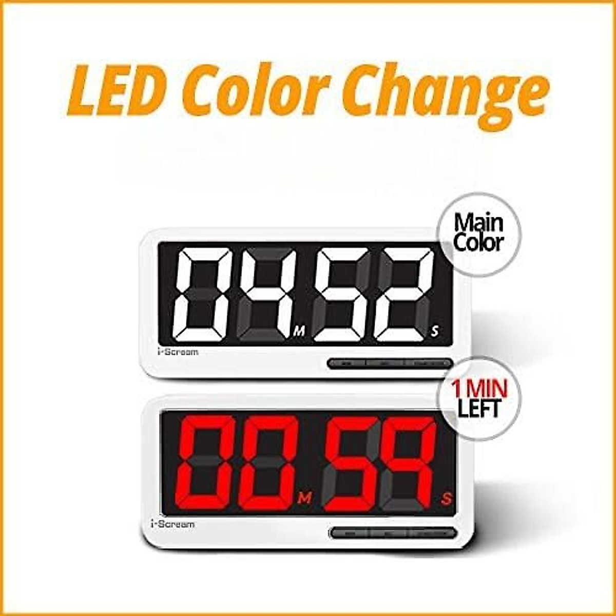 i-Scream LED Big Timer - Extra Large 7.3" Display Digital Timer with 3 Brightness Settings, 4 Alarms and 3 Volume Levels, Battery-Powered Magnetic Countdown Timer for Home, Cooking, Studying, Fitness