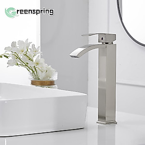 Greenspring Brushed Nickel Bathroom Faucet Vessel Sink Single Hole Single Handle Waterfall Spout Lavatory Commercial Bath Vanity Bowl Faucets Tall Body Supply Line Lead-Free