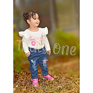 Baby Girls One Year Old Birthday Clothes Denim Jeans Outfits with Headband (White-Long,12-18 Months)