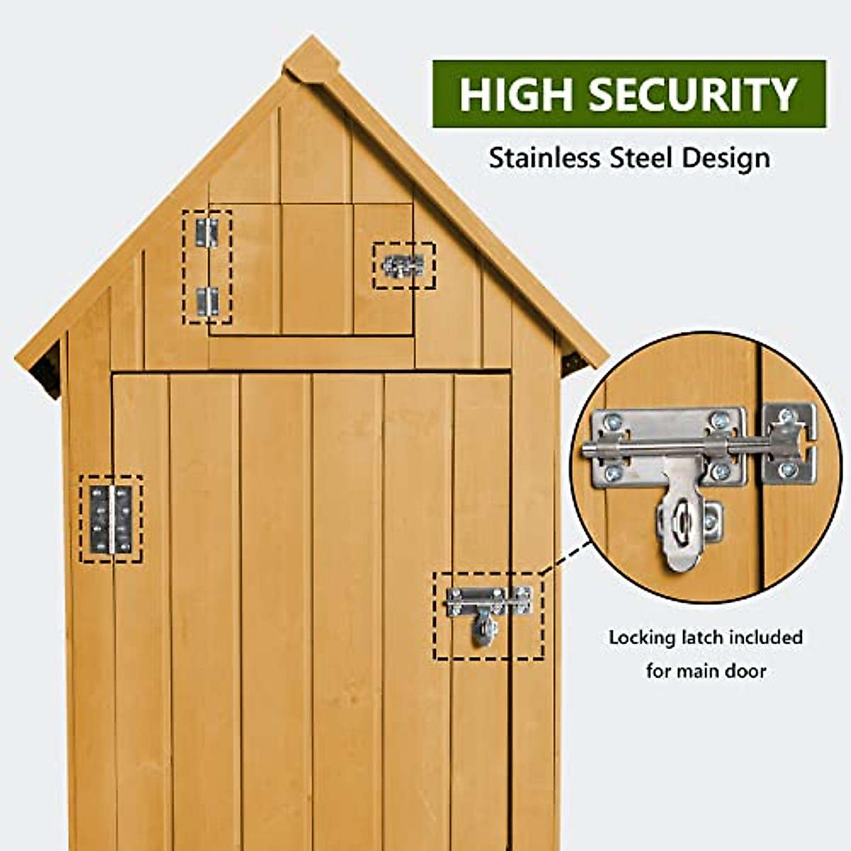 Outdoor Storage Shed with Floor, Outside Wooden Storage Cabinet with Waterproof Roof, Shelves and Hooks, Weather Resistant Tool Shed with Lockable Door for Yard, Garden, Patio, Backyard (Yellow)