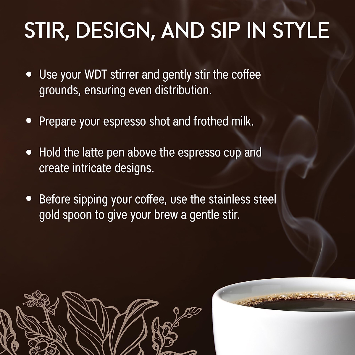 Suneville WDT Tool with 8 Needles (0.4mm) - Espresso Distribution Tool Set with 2 Replacement Needles Stainless Steel Coffee Stirrer, Latte Art Pen & Spoon - Coffee Making Accessories