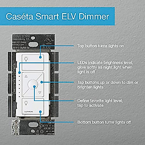 Lutron Caséta Smart Dimmer Switch for ELV+ Bulbs, 250W LED, PD-5NE-LA, Light Almond