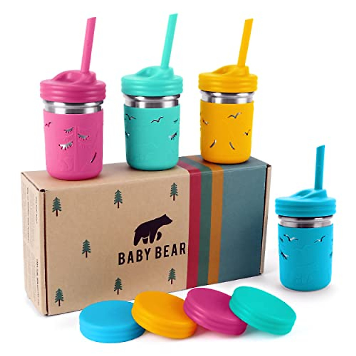 Baby Bear Products Kids Cups - Set of 4, 250ml Stainless Steel Mason Jar with Silicone Sleeves and Straws with Stoppers | Smoothie Cups | Spill Proof Toddler Sippy Cups