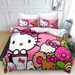 SSPENT Printed Duvet Quilt Cover Hello Bedding Bed Set Kitty Soft Comforter Microfiber with Zipper Closure Great Match with Any Home Decor