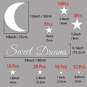 Stars and Moon Wall Decal with Sweet Dreams Quotes Wall Stickers Star Decals for Walls Nursery Wall Decal, White Vinyl Wall Moon Stars Removable Peel and Stick Wallpaper for Kids Girls Boys Bedroom