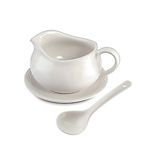 Zenvy 24 Oz Gravy Boat | Ceramic White Gravy Dish Set (24 Oz White) | Includes Gravy Boat, Saucer and Spoon