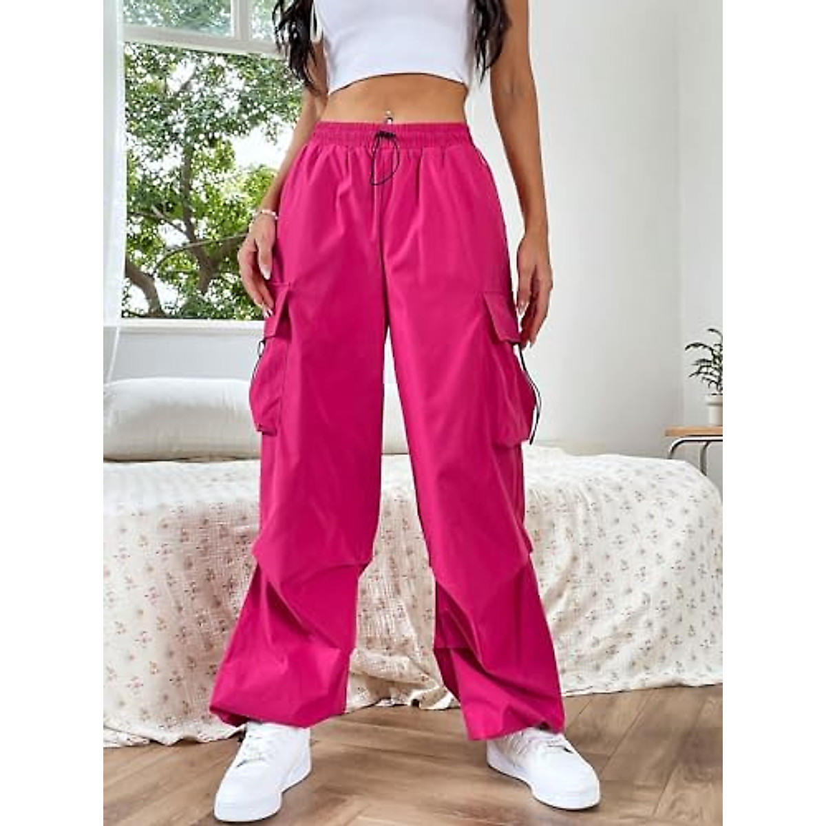 SweatyRocks Women's Drawstring Elastic Waist Loose Pants Casual Flap Pocket Cargo Pants Trousers Hot Pink M