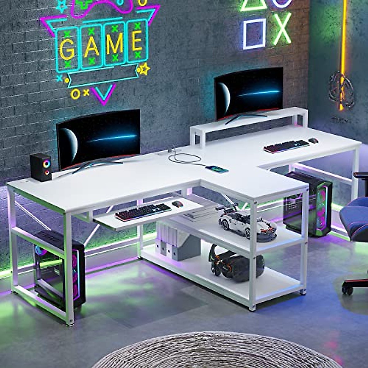 SEDETA 94.5" White Computer Desk, Two Person Gaming Desk with LED Light, Keyboard Tray, Power Strip with USB, Monitor Shelf & Storage, Extra Long Double Desk for Home Office, White.