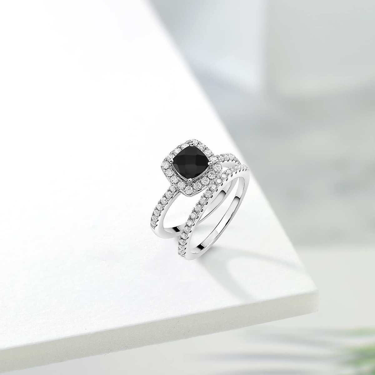 Gem Stone King 925 Sterling Silver Black Onyx and White Moissanite Wedding Engagement Ring Band Bridal Set For Women (1.44 Cttw, Gemstone Birthstone, Available In Size 5, 6, 7, 8, 9)