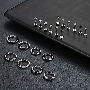 LOYALLOOK 10Pairs Surgical Steel Earrings Sets for Multiple Piercing Lightweight Small Sleeper Huggie Hoop Earrings Tiny Ball CZ Flatback Stud Earrings for Cartilage Helix Lobe Hypoallergenic