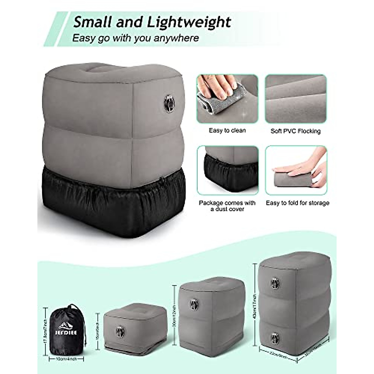 JefDiee Inflatable Travel Foot Rest Pillow, Kids Airplane Bed, Adjustable 3 Layers Height Leg Rest Pillow, Adults Travel Essentials Great for Airplane, Office, Home, Trains, Cars