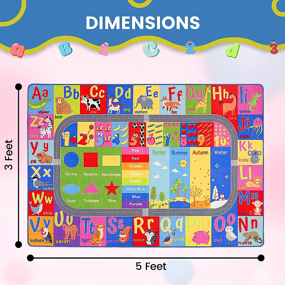 Toastmark Non-Slip ABC Rug for Fun Learning - 5X3 Feet - Polyester - Kids Rugs for Playroom with Alphabet, Numbers, Animal Seasons and Shapes - Multi-Color