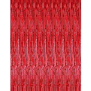 2 Pcs 3.2ft x 8.2ft Shiny Red Metallic Tinsel Foil Fringe Curtains Photo Booth Backdrop for Birthday Wedding Holiday Celebration Bachelorette Party Decorations (Red)