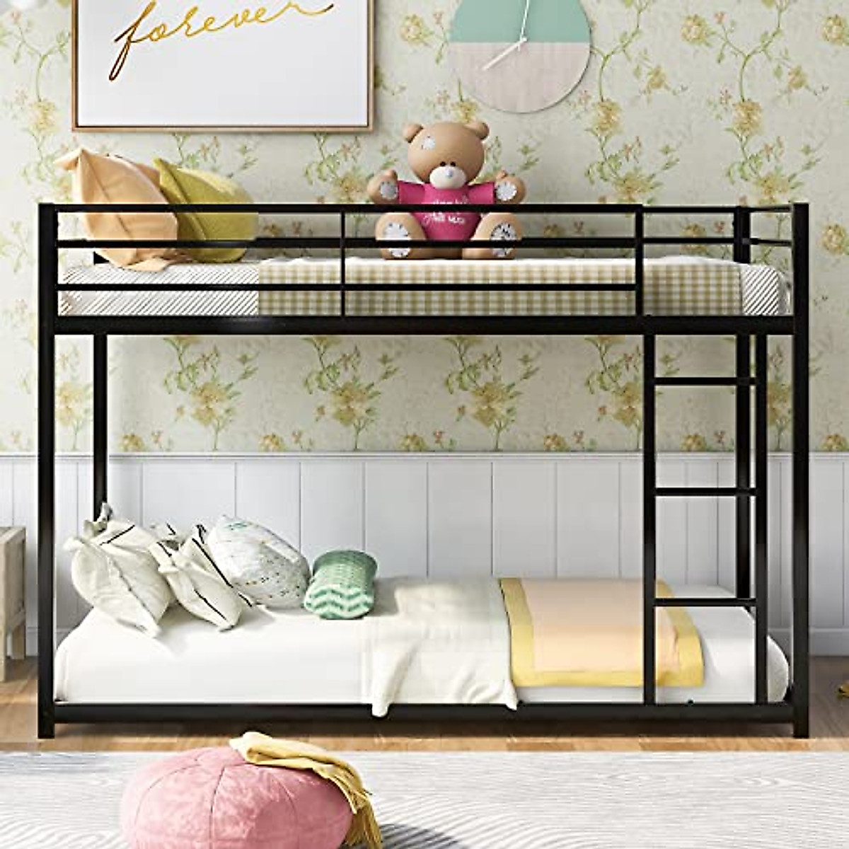 Twin Over Twin Metal Bunk Bed Frame with Safety Guard Rail and Ladder, Space-Saving, No Box Spring Needed, Noise Free (Black)