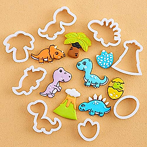Dinosaur Cookie Cutters with Matching Cookie Stencils -Set of 16-8Pcs Cookie Cutter and 8Pcs Stencils, Include Stegosaurus, T-Rex, Brontosaurus, Triceratops, Dinosaur Egg, Footprint, Volcano and Tree