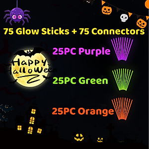 UURM 75 Halloween Glow Sticks for Halloween Party Favors with Connectors, Purple Orange Green Halloween Glow in the Dark Party Supplies, Halloween Goodie Bag Fillers (Purple+Green+Orange)