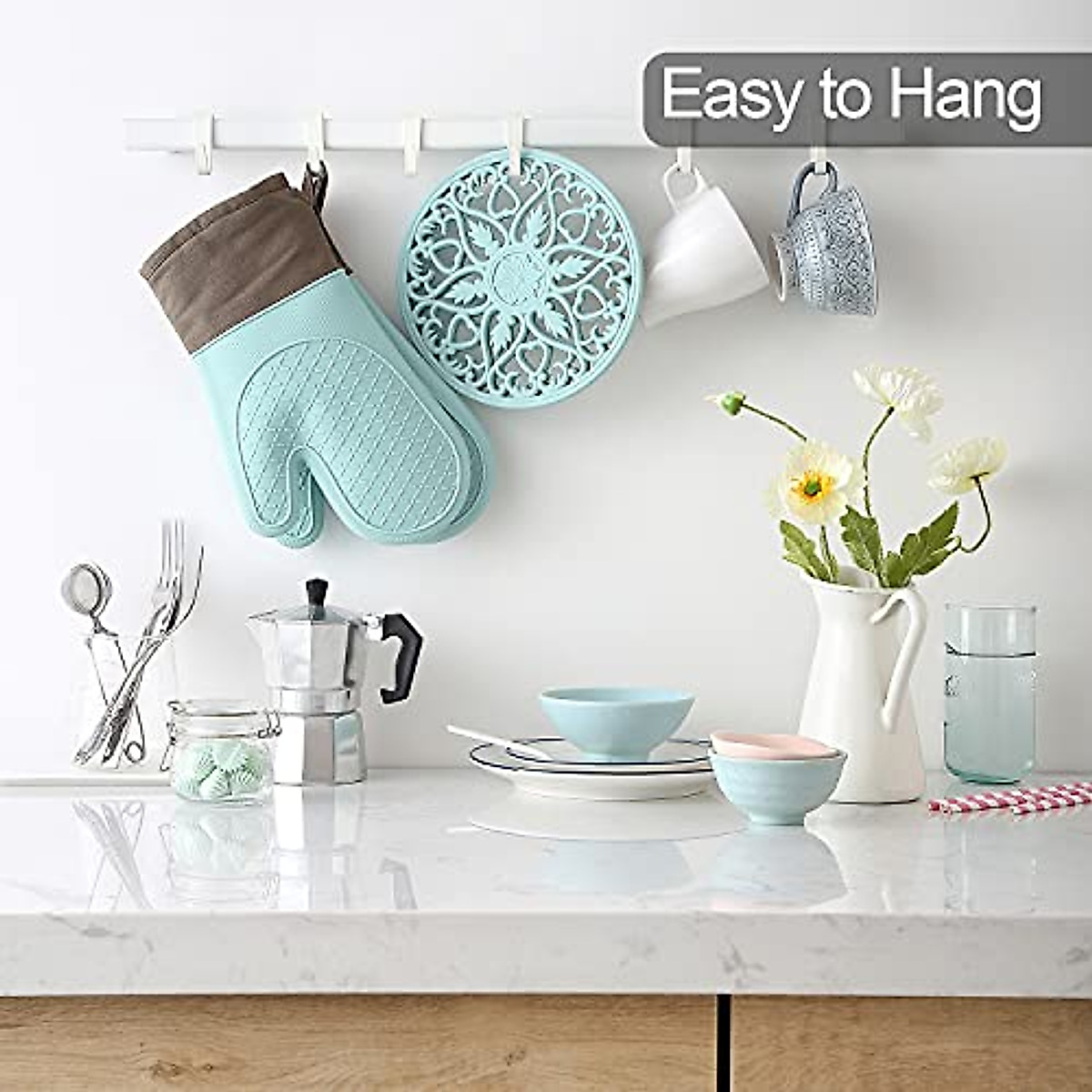 Domonic Home Oven Mitts and Pot Holders Sets, Silicone Oven Mitts Heat Resistant 600F, Oven Mitt Set Soft Lining Good Grip, Oven Gloves and Trivet Mats 4 Piece Set, Aqua Sky