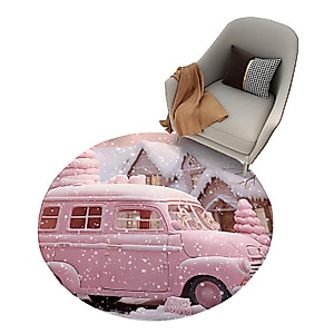 Christmas Fluffy Round Area Rug Carpets 3ft, Plush Shaggy Carpet Soft Circular Rugs, Non-Slip Fuzzy Accent Floor Mat for Living Room Bedroom Nursery Home Decor Blush Pink Farmhouse Winter Truck