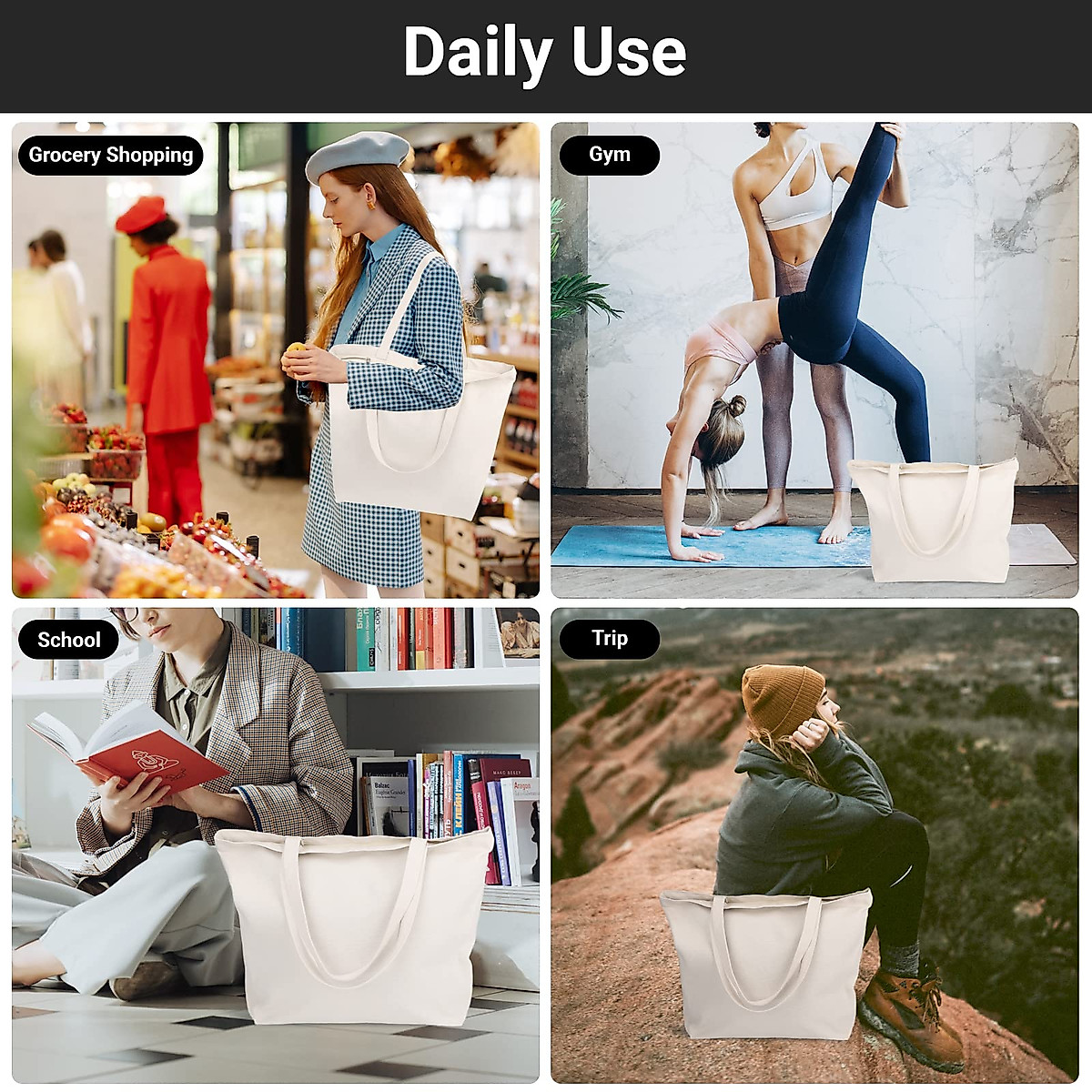 Segarty 6 Packs Large Canvas Tote Bags, 20X15 Inch Reusable Grocery Bags, Heavy Duty Shopping Bags with Bottom Gusset, Natural White Blank Cloth Shoulder Bags Perfect for DIY Crafting Decorating