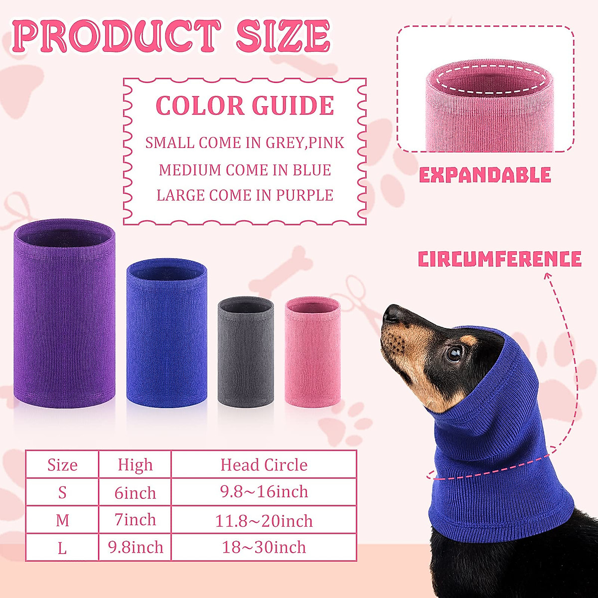 Saintrygo 4 Pcs 3 Size Snoods for Dogs Pet Dog Ear Wrap Cover Dog Sound Proof Ear Muffs for Dogs Barking and Bathing Warm Winter Dog Ear Scarf for Calming Pet(Gray, Pink, Blue, Purple)