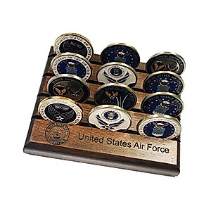 DECOMIL 4 Rows Coin Holder, US Army-Navy-Air Force-Marine Military Collectible Challenge Coin Display Case Wood Stand, Holds 12-16 Coins (Air Force)
