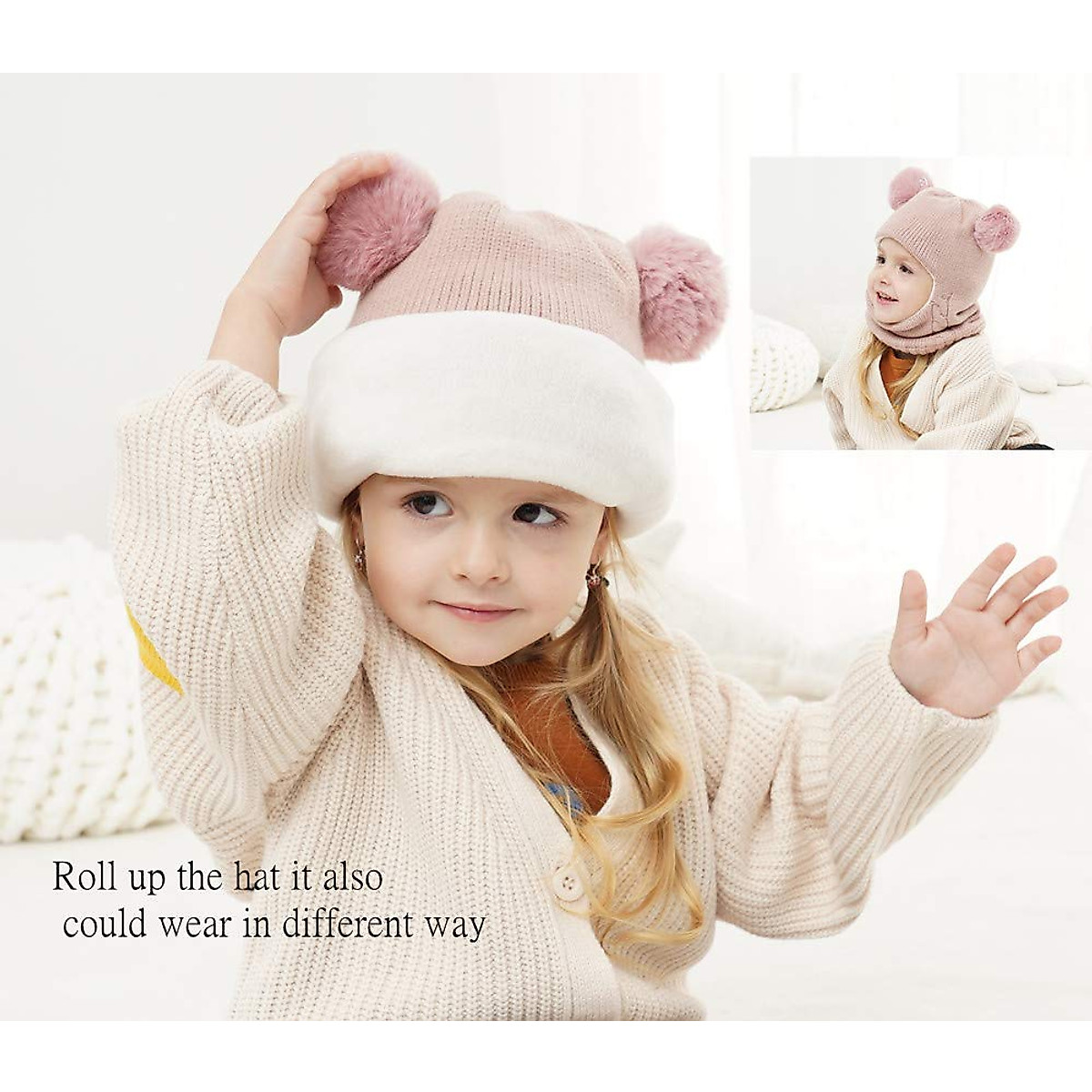 Baby Girls Boys Winter Hat Scarf Earflap Hood Scarves Toddler Kids (Pink-1, 2-5T)