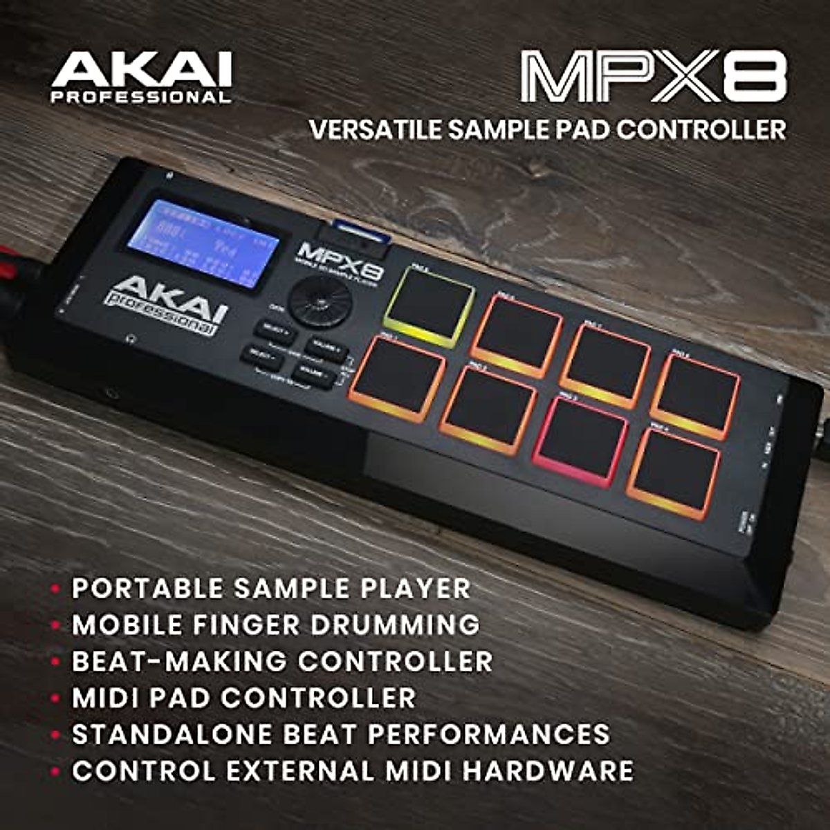 AKAI Professional MPX8 - Portable Sample Pad Controller With 8 Performance-Ready Velocity-Sensitive Pads, MIDI Connectivity & On-Board SD Card Slot