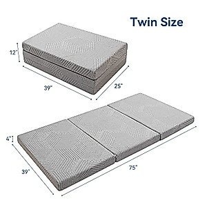 Vyfipt Tri Folding Mattress Twin Size,4 Inch Foldable Memory Foam Mattress Topper, Portable Bed,Guest Bed, Camping Bed,Travel Mat for Adults & Kids, Fold Up Pad 75"×39"×4", Grey (Twin)
