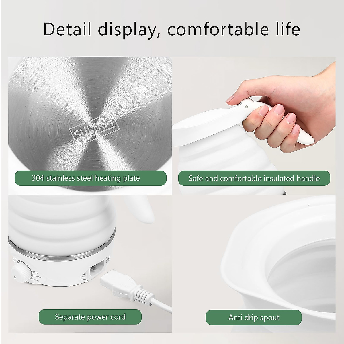 Xfbaozxy Travel Foldable Electric Kettle, Portable Travel Foldable Electric Kettle Food Grade Silicone Kettle Foldable 850W Fast Boiling Water Portable Travel Kettle Electric, 110V 700ml (White)