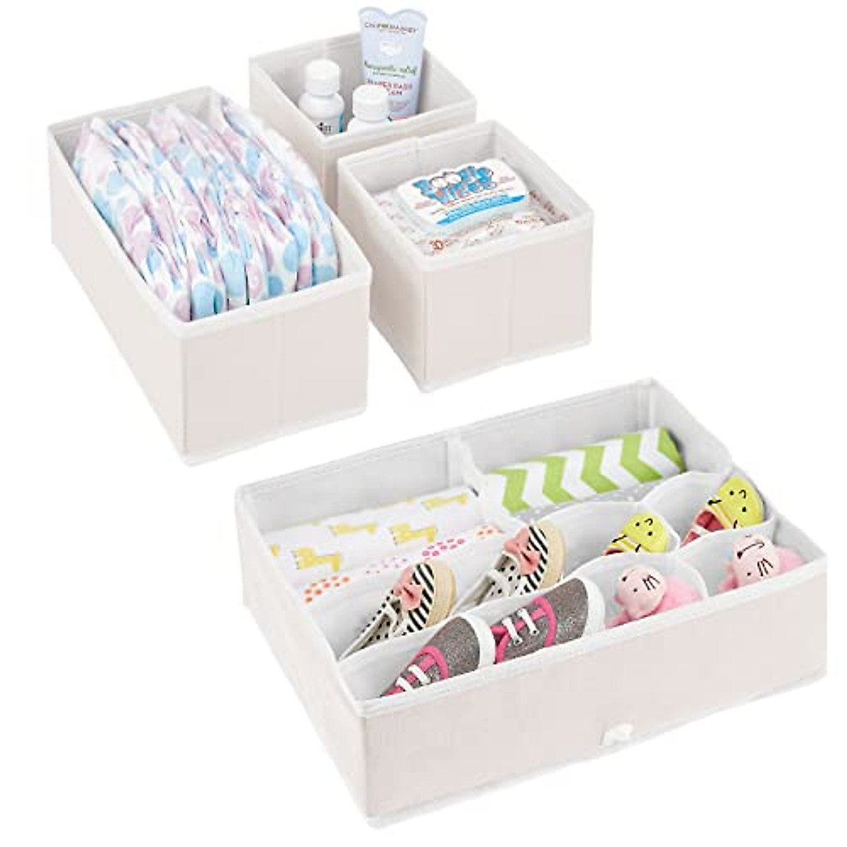 mDesign Fabric Drawer Organizer Bins, Kids/Baby Nursery Dresser, Closet, Shelf, Playroom Organization, Hold Clothes, Toys, Diapers, Bibs, Blankets, Jane Collection, Set of 4, 2 Pack, Cream/White