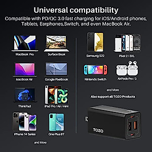 TOZO C2 USB C 65W Fast Foldable Wall Charger PD Power Adapter 4 Ports Compatible for MacBook Pro/Air, iPad Pro, USB-C Laptops, iPhone 14/13/12/Pro/Pro Max, Samsung S22/21, Black(Cable not Included)