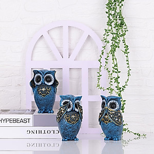 Owl Statue 3 Piece Set, Don't Look, Don't Hear, Don't Tell Owl Decor, Three Wise Owl Figurines for Shelf Decor, Living Room Bedroom Room Decor, Blue and Gold Home Decor