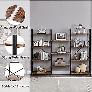 SUPERJARE Triple 4 Tier Bookshelf, Bookcase with 11 Open Display Shelves, Wide Book Shelf Book Case for Home & Office, Rustic Brown