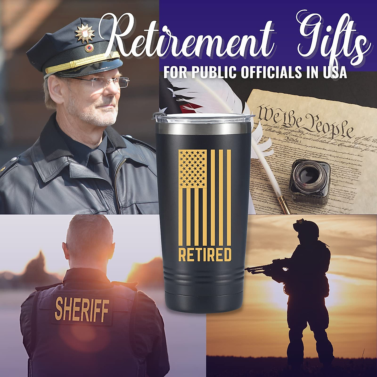 Retirement Gifts for Police/Cops, Unique Gifts for Retired Public Officers, Firefighter, Army, Air-Force, 20oz Stainless Steel Travel Tumbler with Lid, Gift Box Included, American Flag