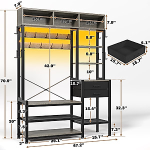 Itaar Hall Tree with Bench and Shoe Storage, 7-in-1 Entryway Bench with Coat Rack, 3 Storage Cubbies, 3 Storage Shelves, 17 Coat Hooks, 2 Fabric Drawers (Oak Grey)