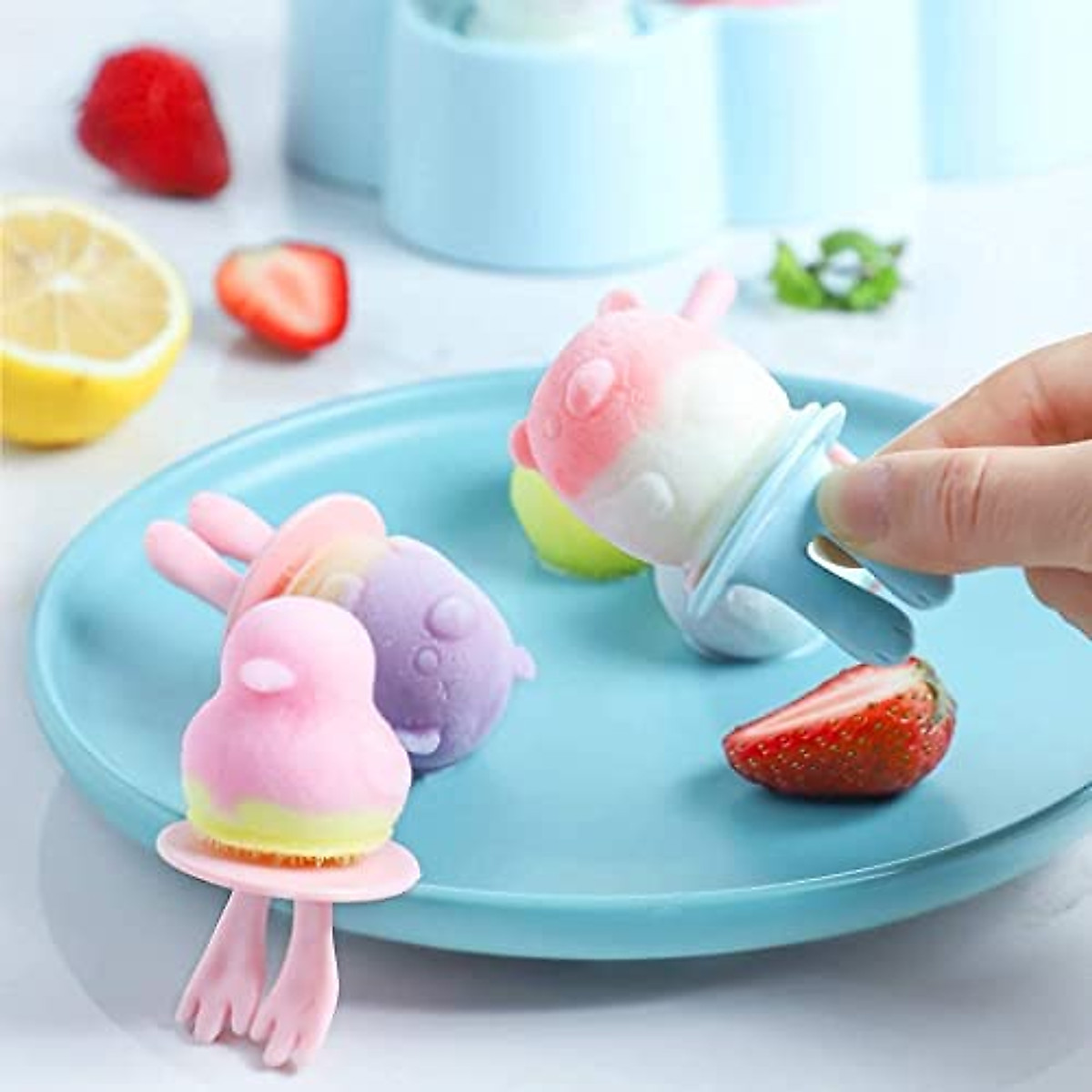 Mini Ice Pop Molds BPA Free, Silicone Reusable Small Popsicle Molds with Sticks, DIY Ice Cream Makers [Cavity of 6], Funny Animal Shape Cute Yogurt Tubes